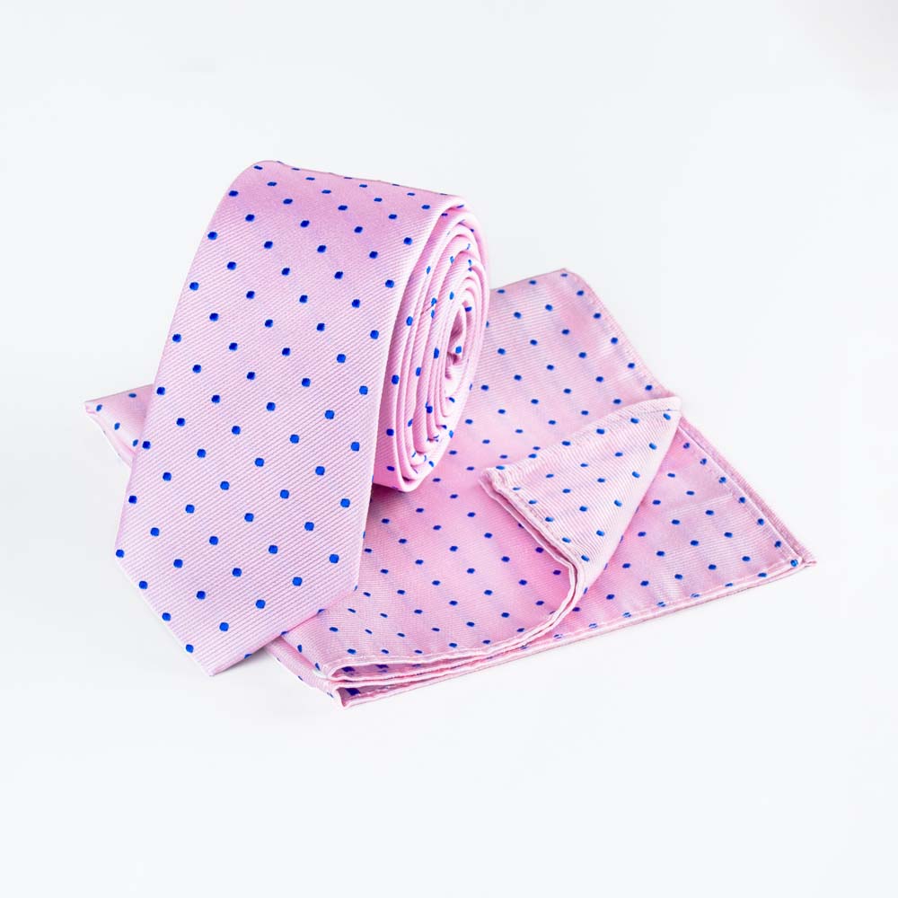 Pink and Navy Microdot Silk Tie and Pocket Square Set